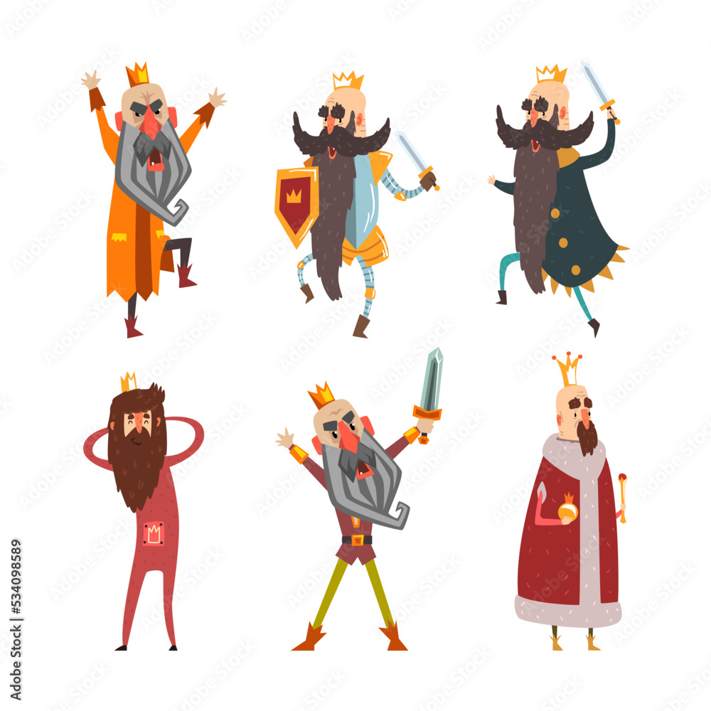 Set of funny bearded kings in golden crowns and mantles. Monarchy ...