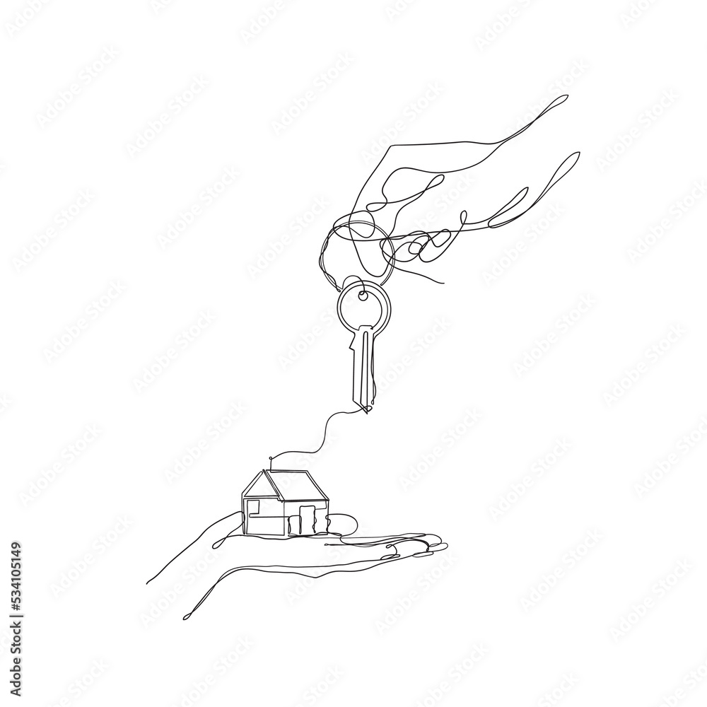 continuous line drawing hand giving key house symbol for real estate ...