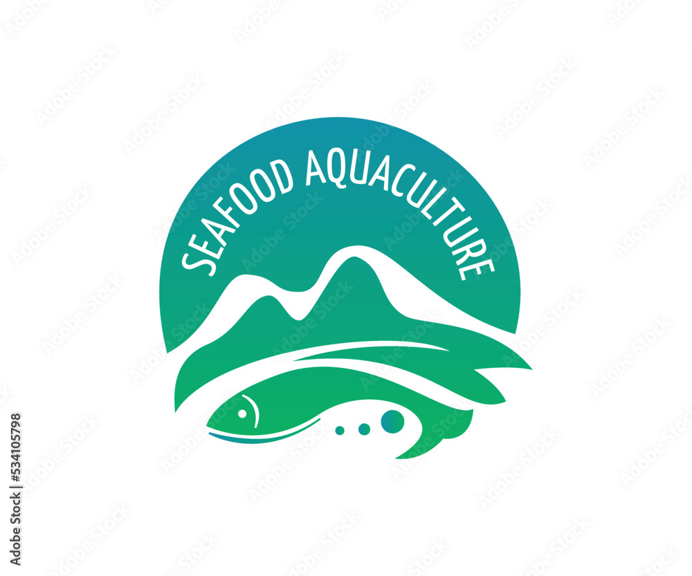 Abstract fish logo vector template. Linear circle with fish, mountains ...