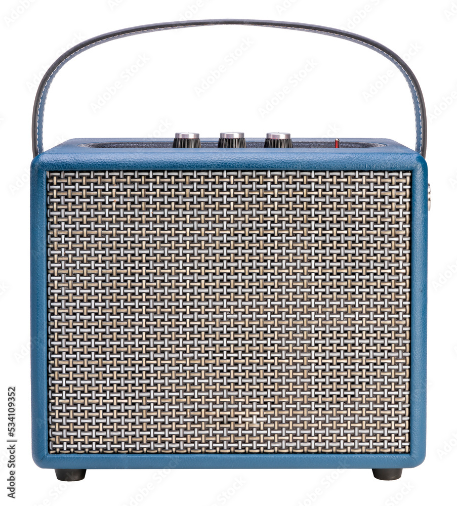 Blue Vintage style wireless speaker isolated on white background ...