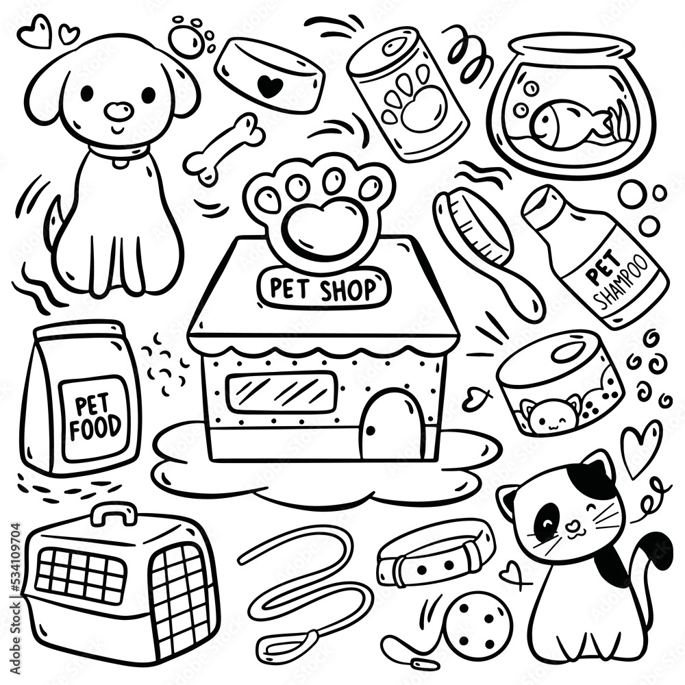 Hand Drawn Cartoon Pet Shop Doodle Vector Illustration Stock Vector ...