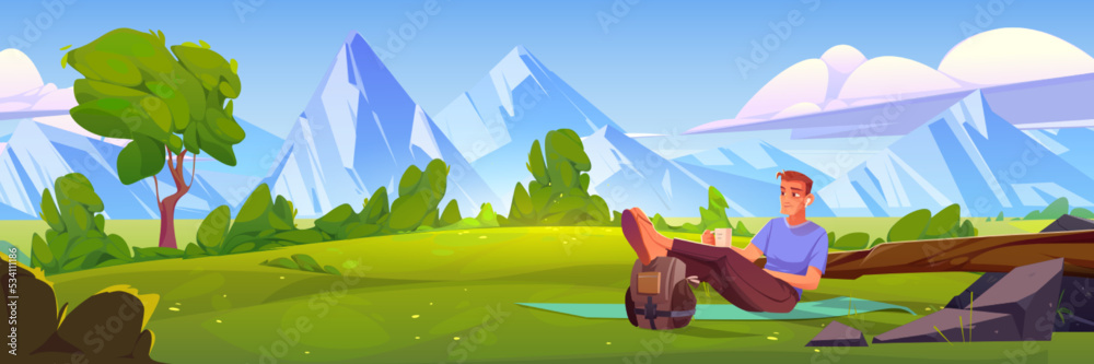 Man rest on mat on green lawn with log, stone, trees, bushes and ...
