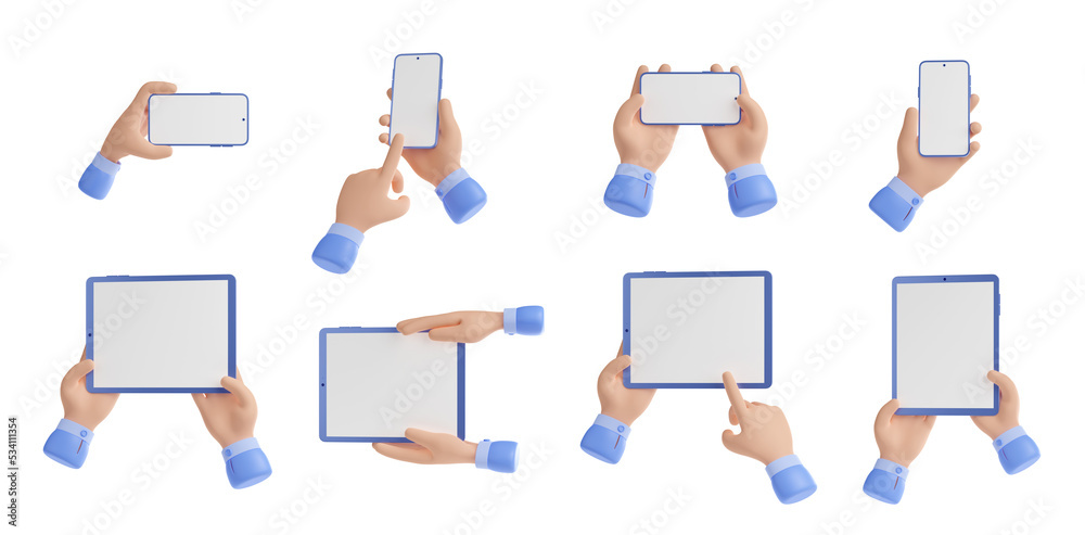 3d render hands holding electronic devices smartphones and tablet pc ...