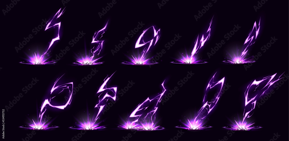 Lightnings, purple thunderbolts hit ground isolated on black background ...