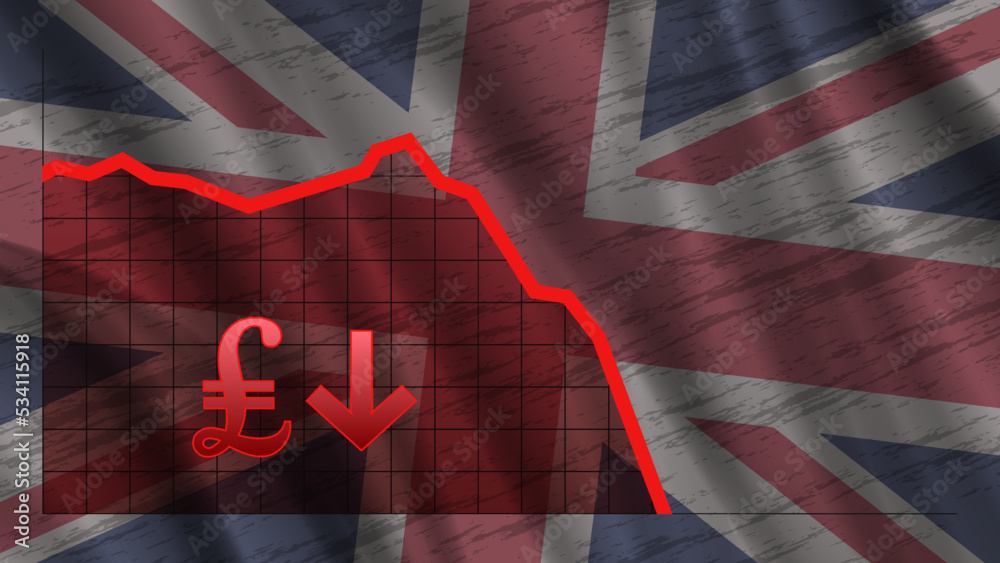 The fall of the British pound sterling. Vector economic poster. A red ...