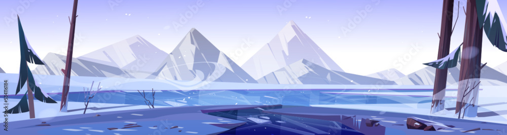 Winter forest nature landscape with frozen pond and mountain peaks ...