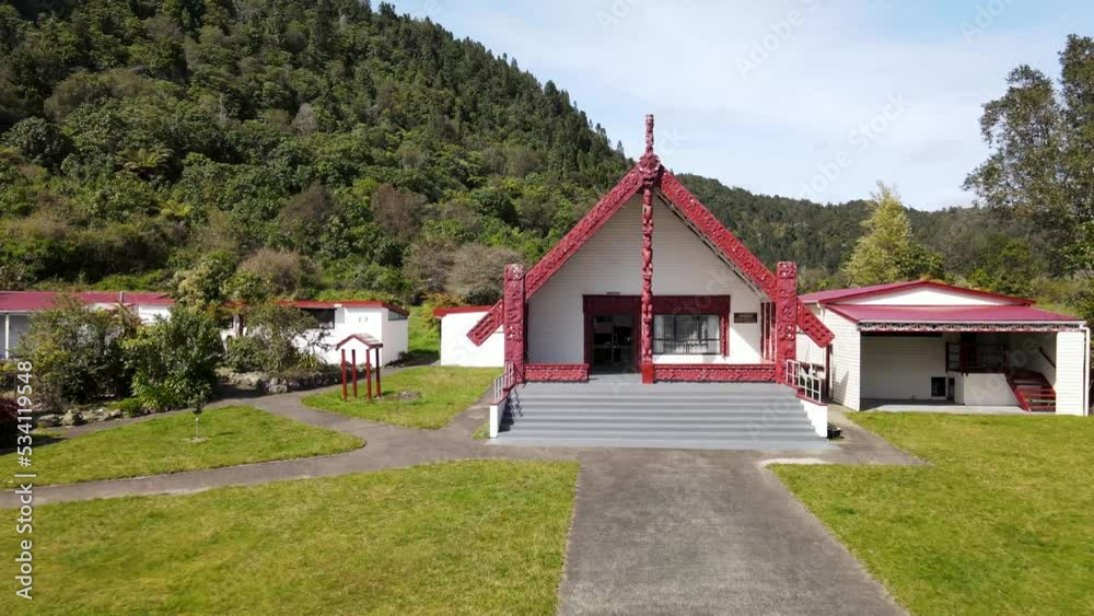 Aerial opening to traditional Marae Maori meeting room building ...