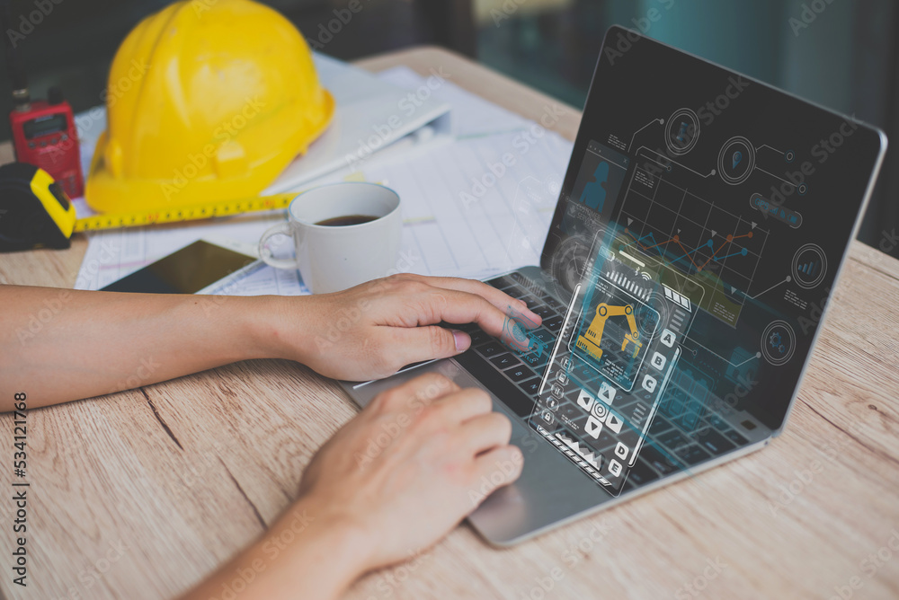 Engineer man using computer, laptop, HUD screen, projection, chart ...