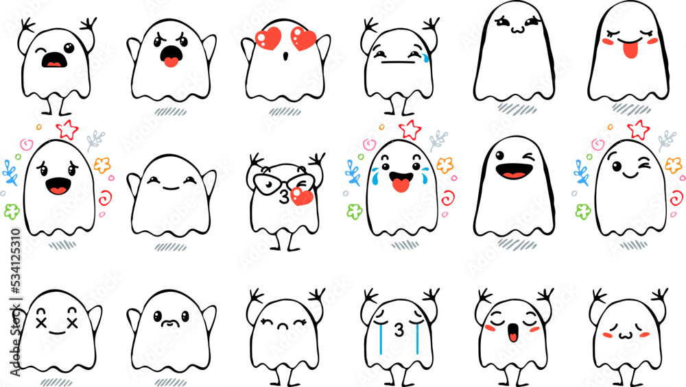 Set of Various Cartoon Ghosts with Emoticons. Doodle ghouls, eyes and ...