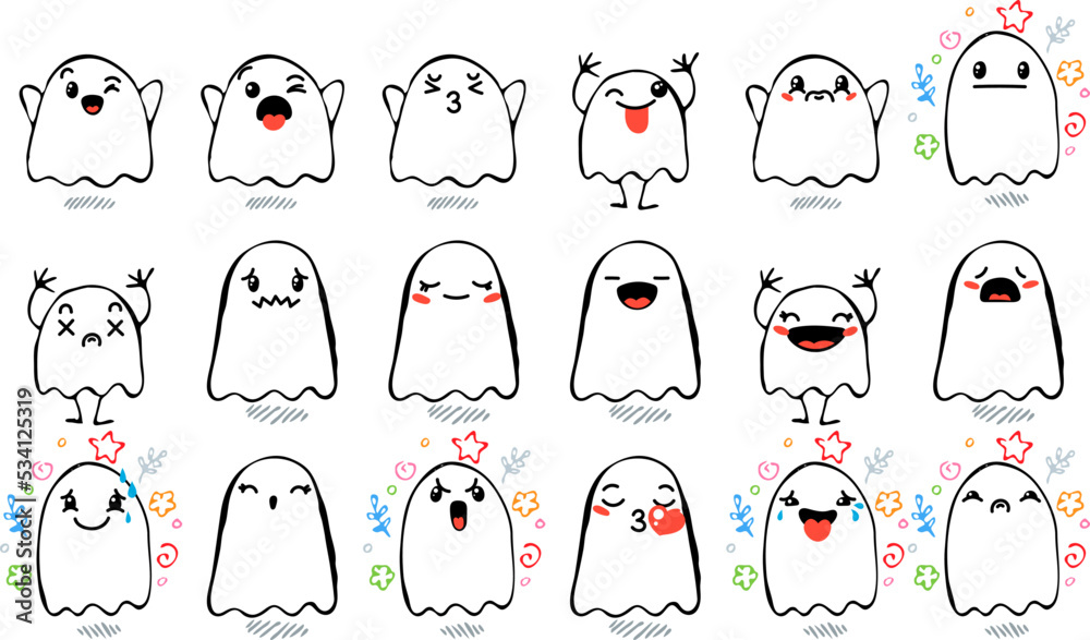 Set of Various Cartoon Ghosts with Emoticons. Doodle ghouls, eyes and ...