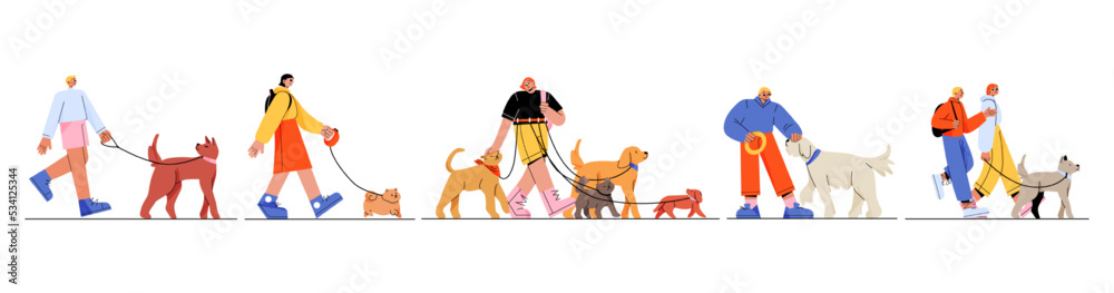 People walking with dogs on leash. Flat young male and female ...