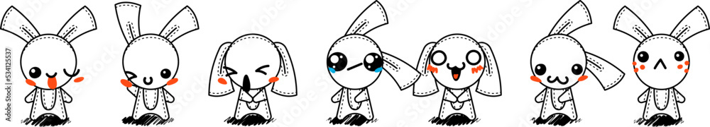 Outline Cartoon Rabbits. Emoticons, doodle faces, eyes and mouth ...