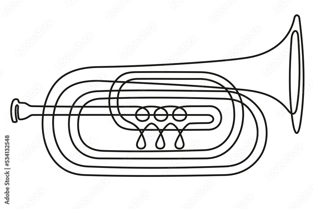 One continuous line drawing Musical wind instrument trumpet isolated on ...