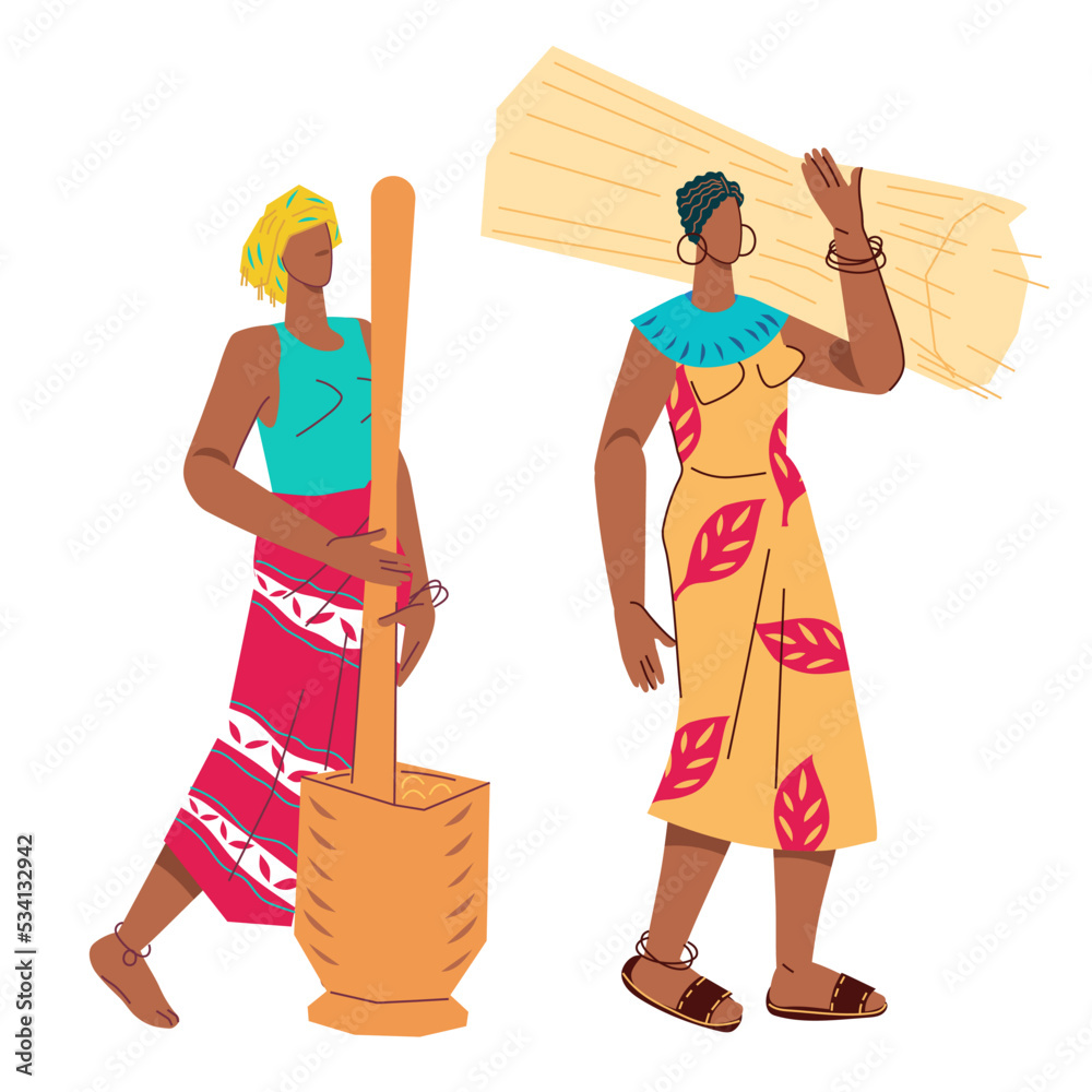African village women with work tools and household items, flat cartoon ...