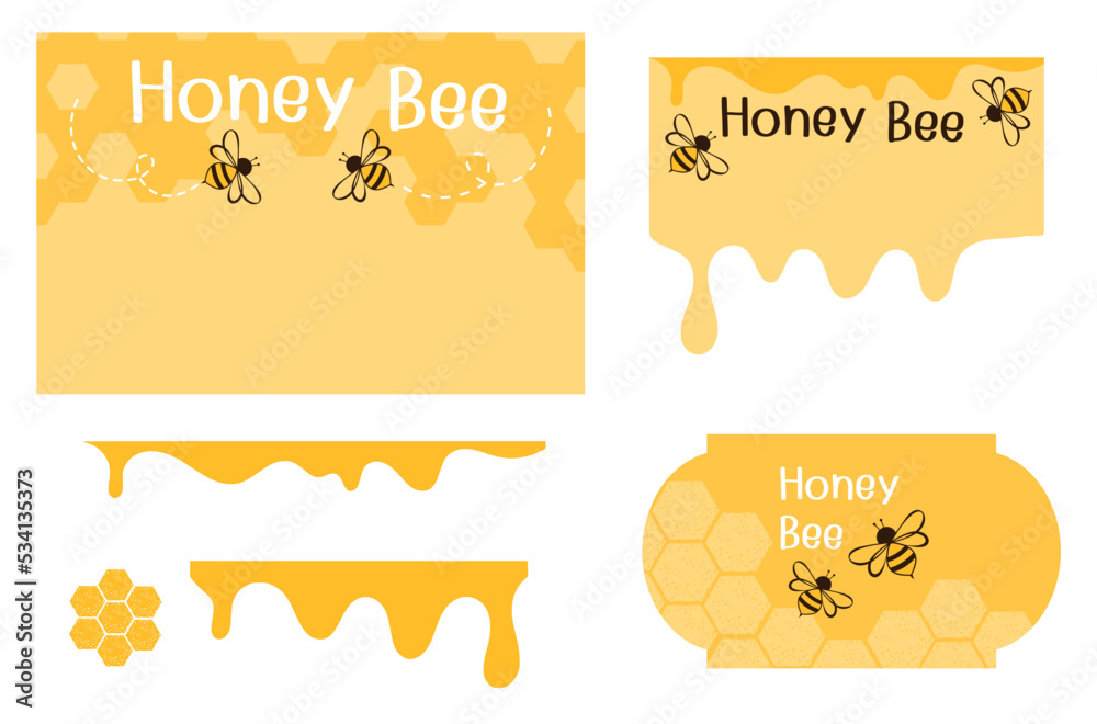 Honey sign, label or background with bee cartoon and hand written font ...
