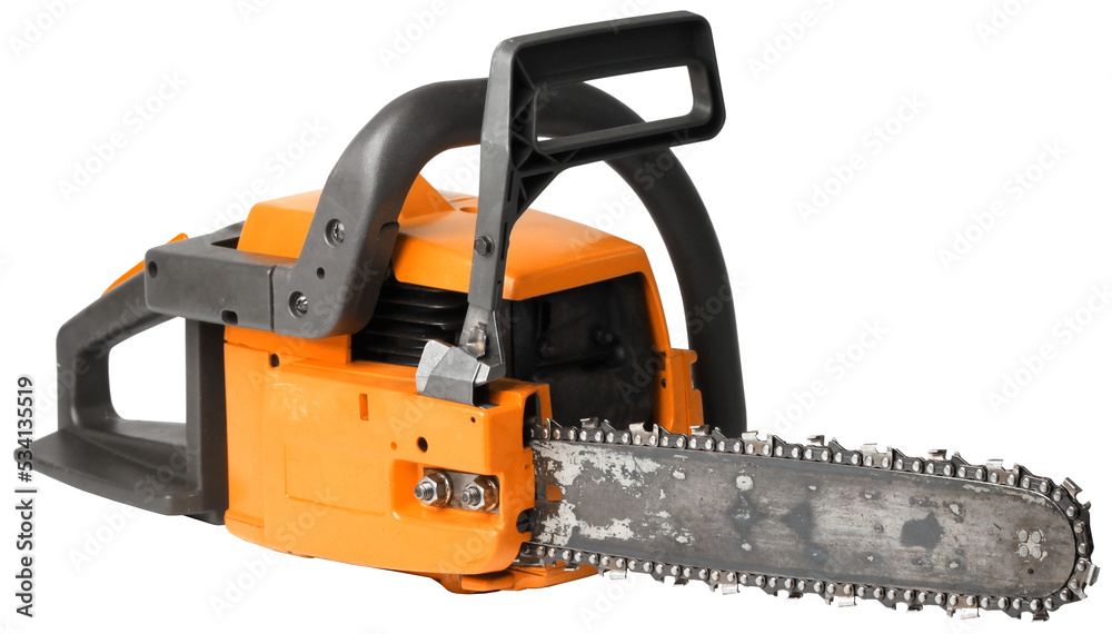 Rough orange chain saw front side view isolated Stock Photo | Adobe Stock