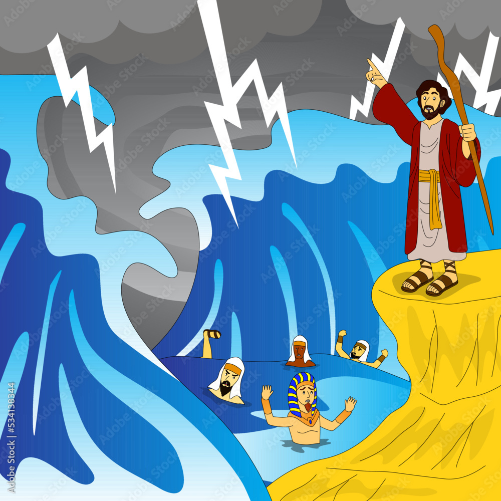 illustration of the bible story, Moses parted the sea and the pharaoh's ...