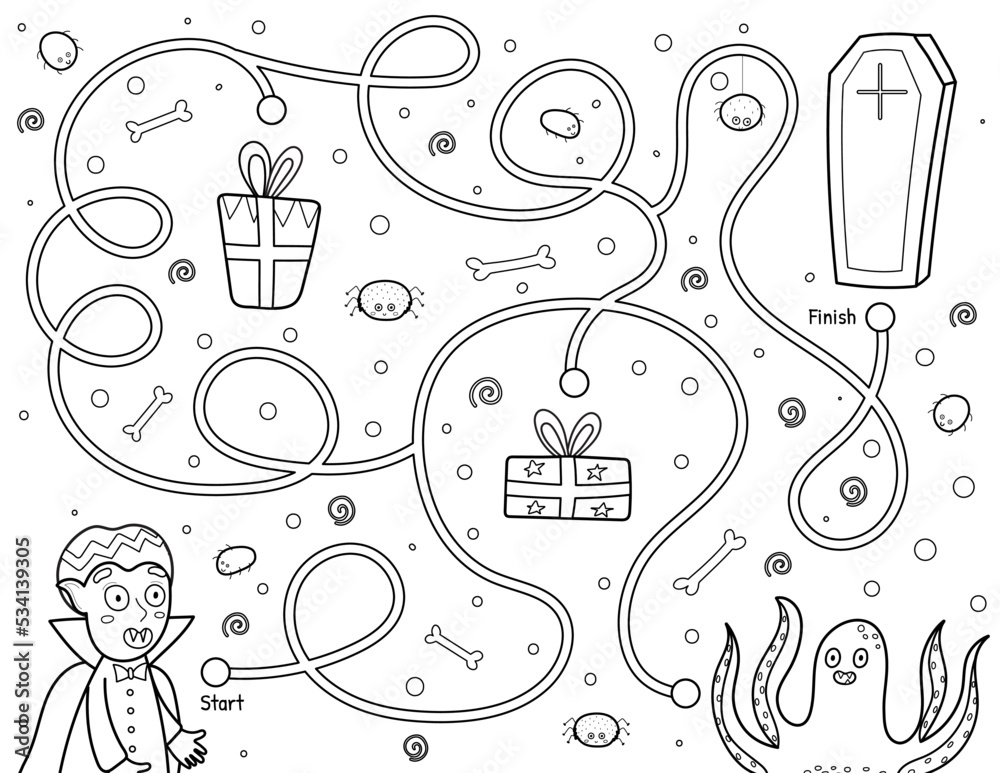 Black and white maze game for kids. Help a cute vampire find path to ...