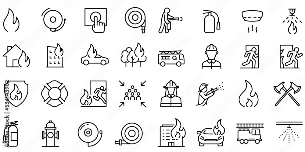 Fire and firefighting, icon set. fire prevention and elimination ...