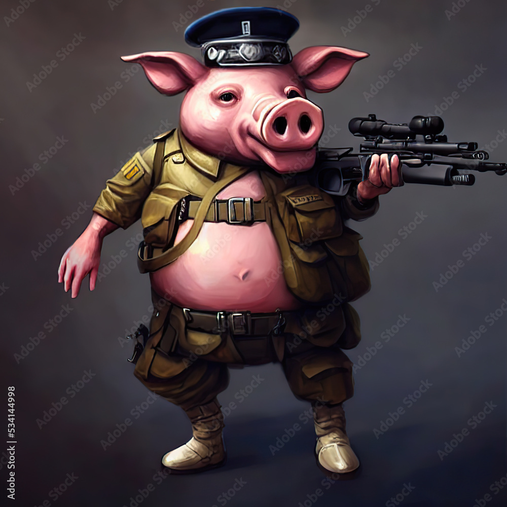 Anthropomorphic pig soldier with weapon. Digital illustration. Concept ...