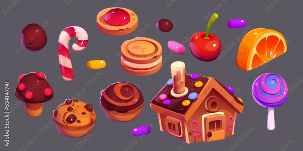 Gingerbread house, chocolate cakes, lollipop, candy cane, bonbons and ...