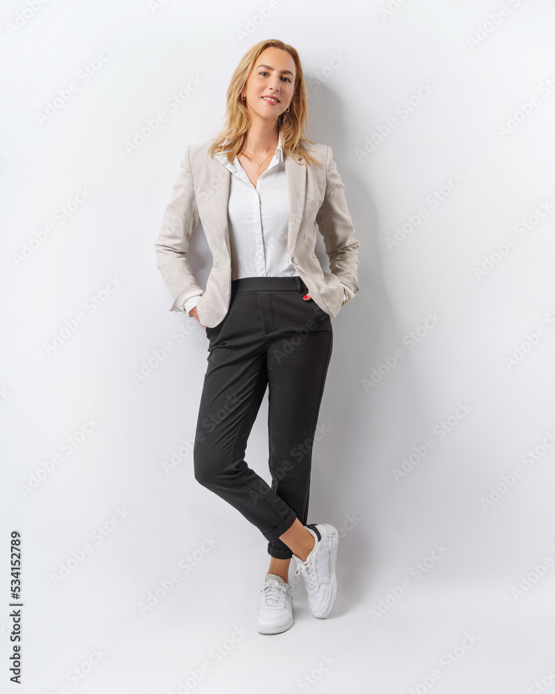 full body Beautiful young business woman on white background Stock ...