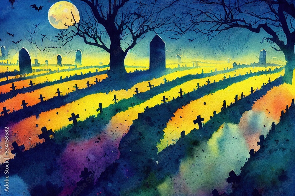 Watercolor art Halloween old haunted cemetery in deathly silence, aged ...