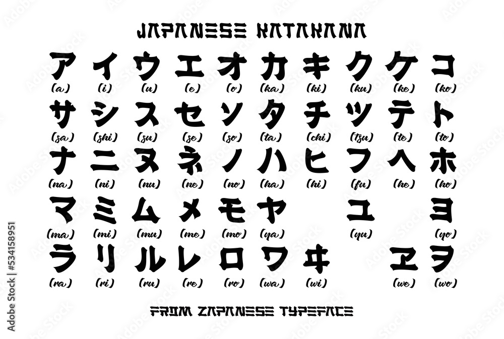 Katakana Japanese alphabet. Modern Brush stroke. Elements isolated on a ...