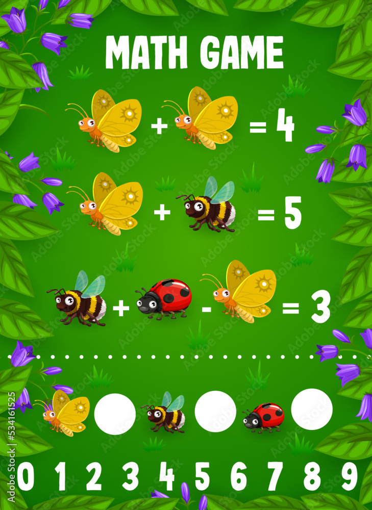 Math game worksheet, cartoon funny insect characters counting puzzle in ...