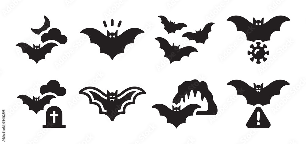 Set of bat icon vector illustration. Collection of spooky black ...