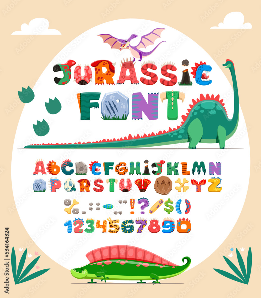 Dinosaur Jurassic font, type of typeface with cartoon dino alphabet ...