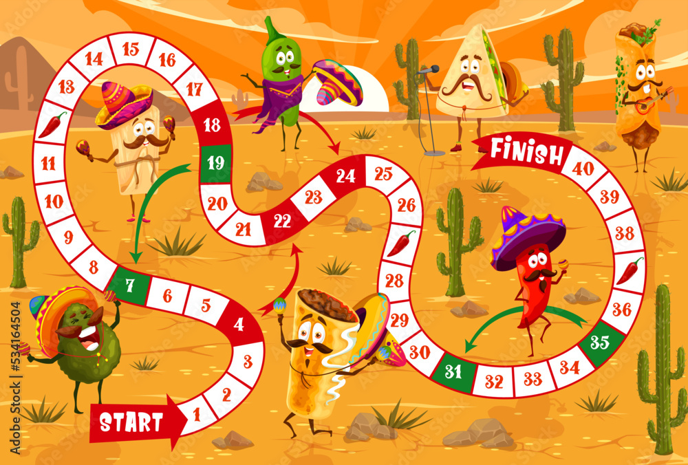Cartoon mexican food character in desert kids board game. Vector walk ...