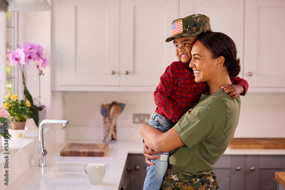 American Army Mother In Uniform Home On Leave Hugging Son Wearing Her ...