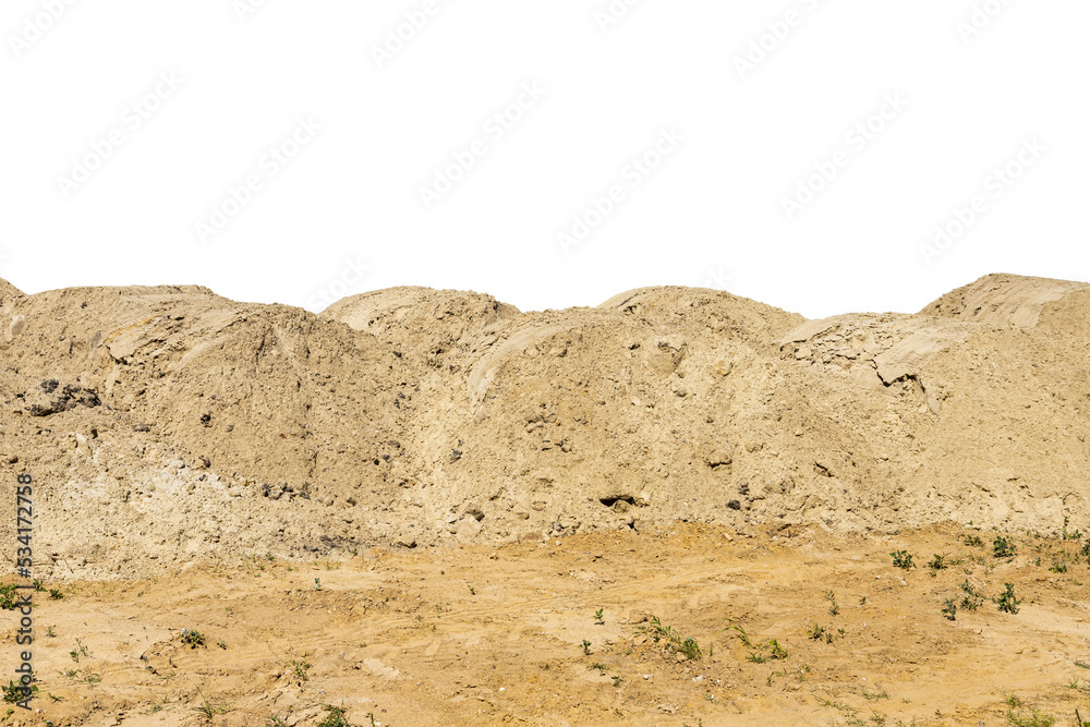 Construction site with heaps of sand. Pile of sand on an isolated white ...