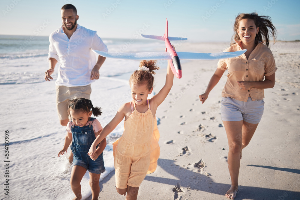 Energy, family and beach run by happy kids and parents having fun with ...