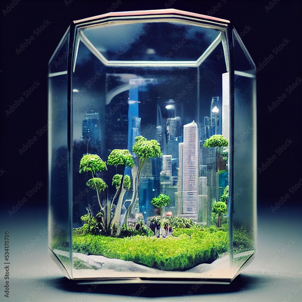 A big city with nature an skyscrapers contained in a small angular jar ...