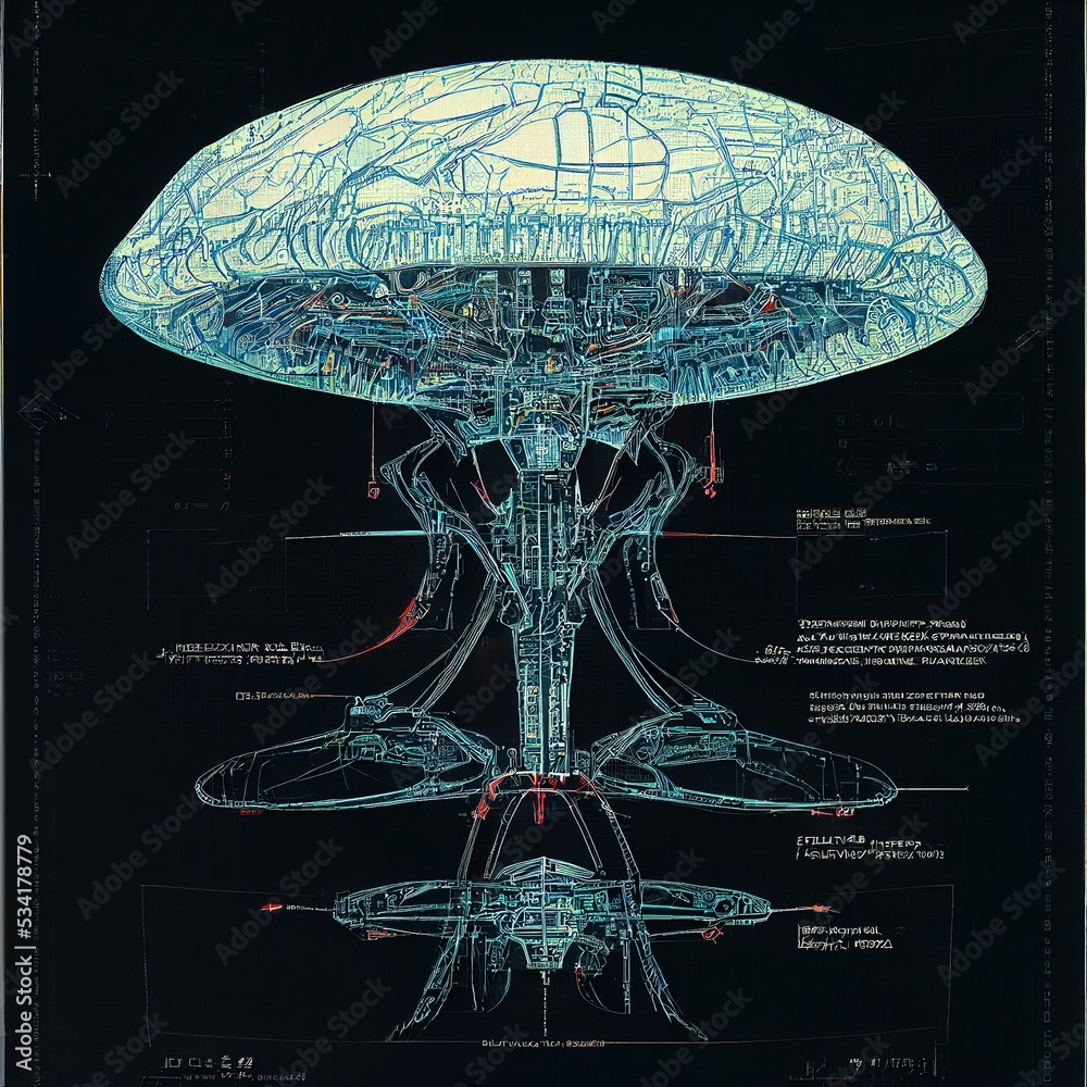 Alien space station jellyfish blueprint, sketch, diagram, outline with ...