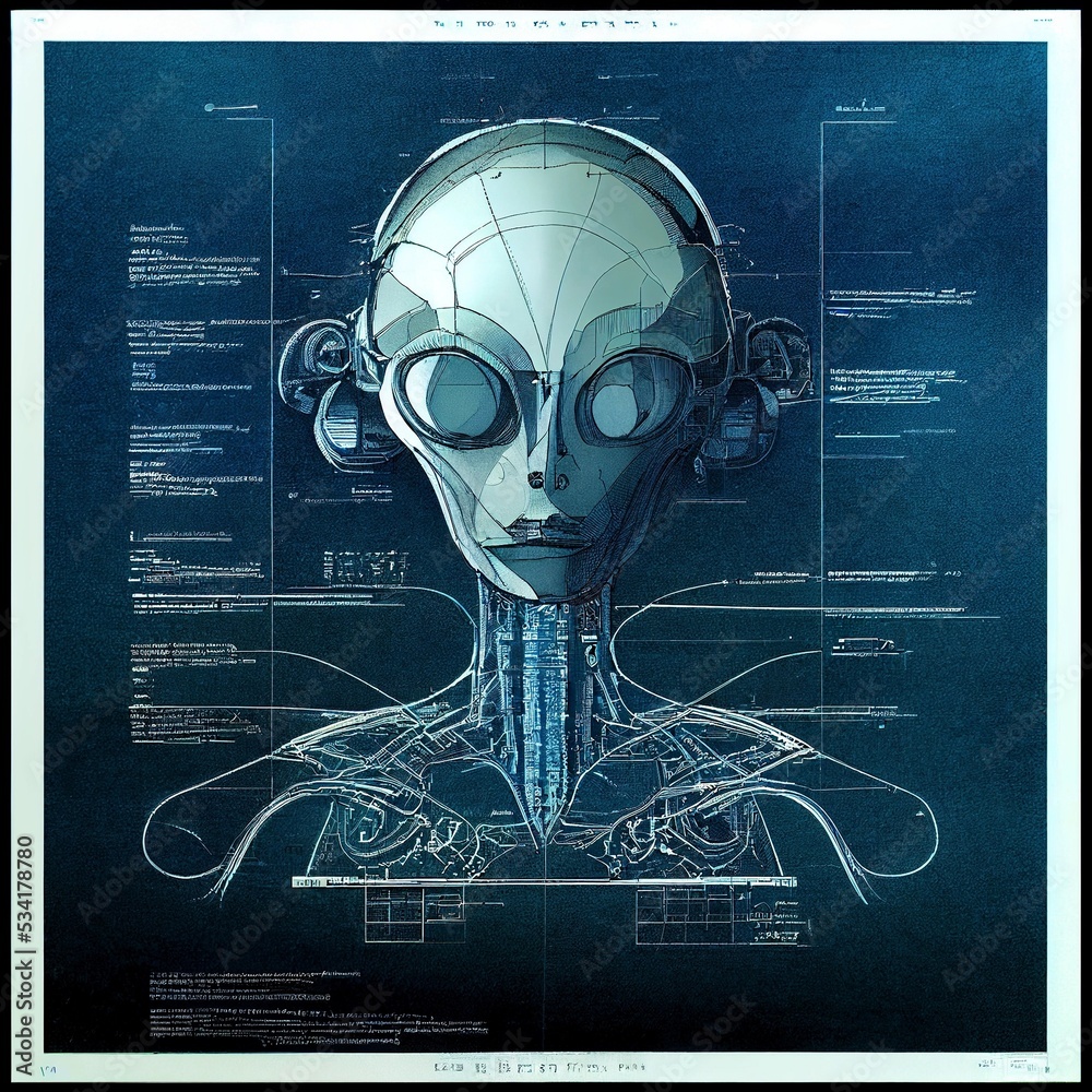 Alien exoskeleton blueprint, sketch, diagram, outline with dimensions ...