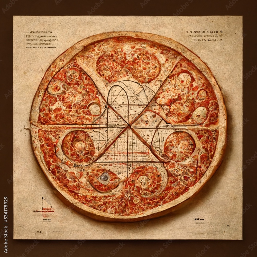 Pizza blueprint, sketch, diagram, outline with dimensions, outline and ...