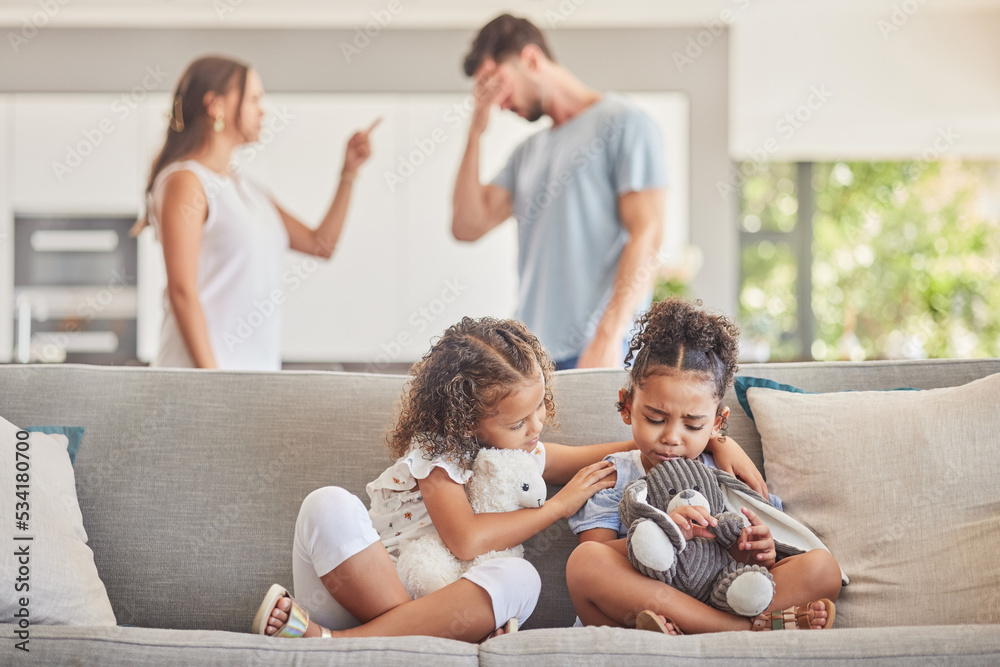 Couple, fight and divorce with sad children on sofa at home holding ...