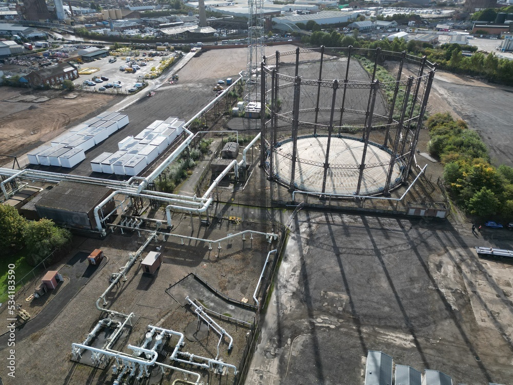 aerial photo of an industrial Steel structure, empty victorian gas ...