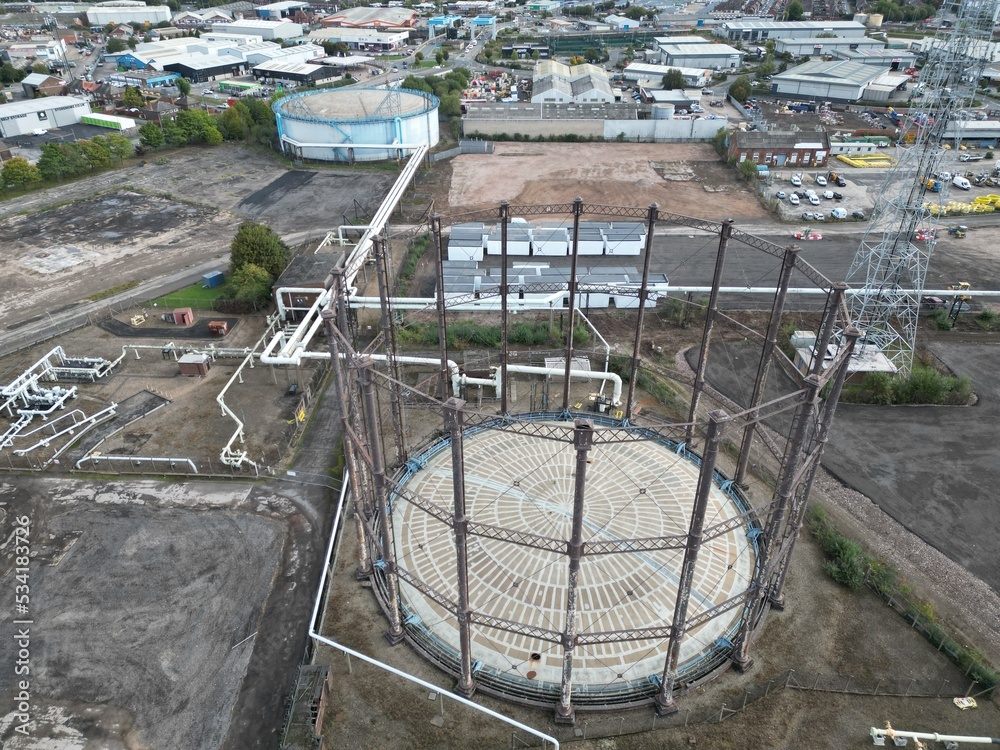 aerial photo of an industrial Steel structure, empty victorian gas ...