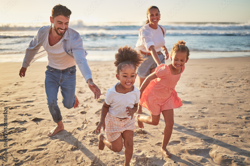 Family, beach and kids with parents running on sand on summer holiday ...