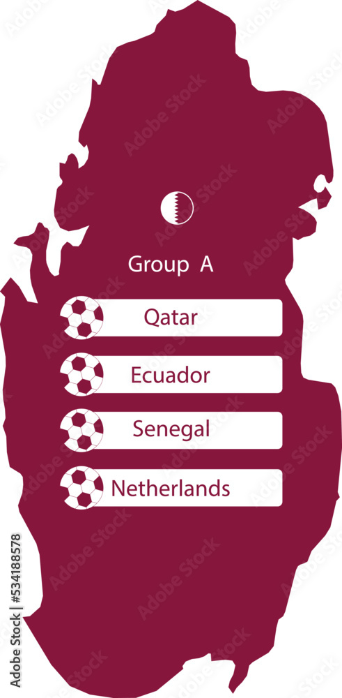 Maroon colored map of Qatar with the group A list of the 2022 ...