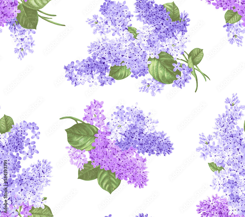 Seamless floral pattern of delicate twigs of blue lilac with leaves on ...