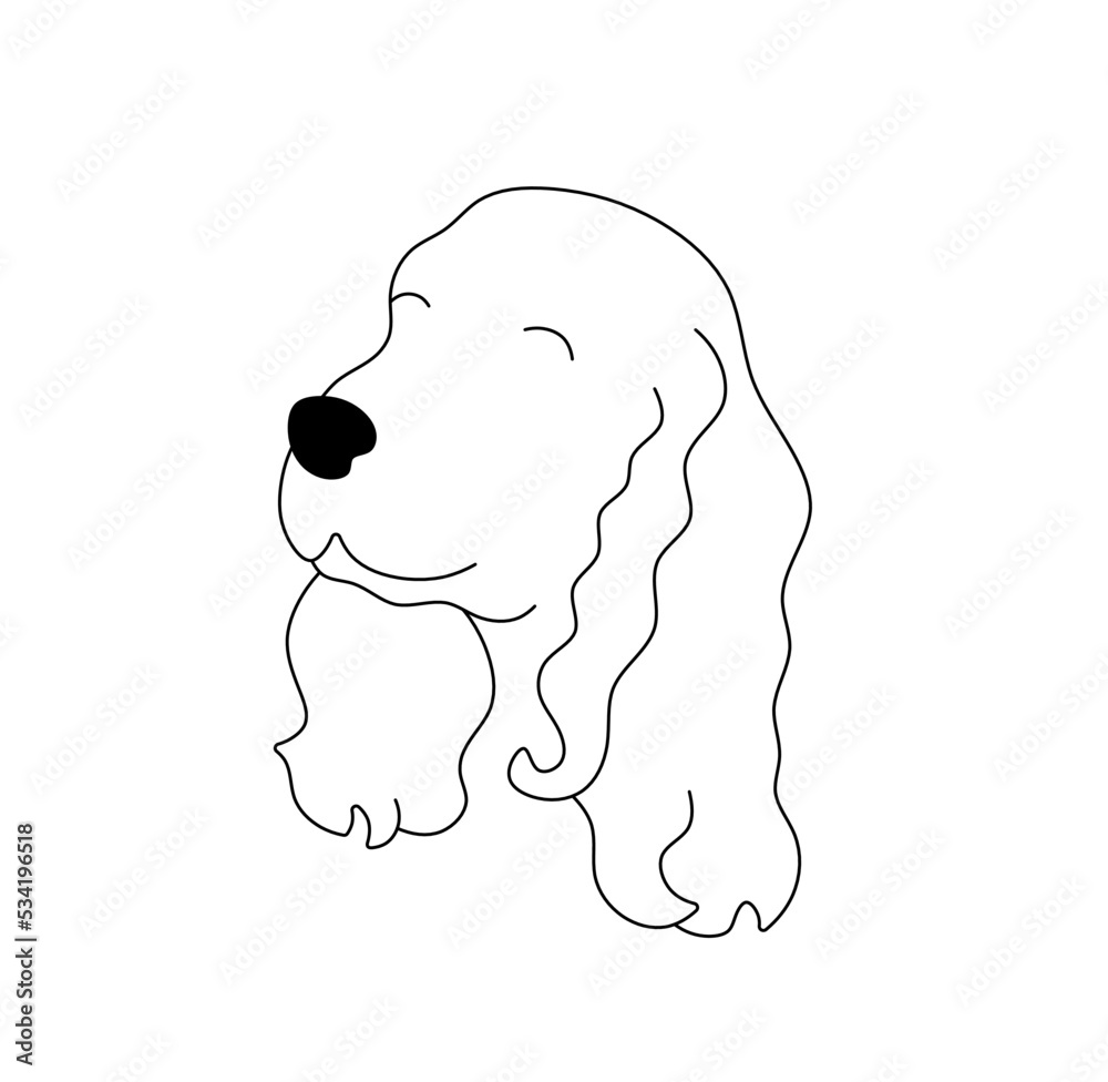 Vector isolated cute cartoon spaniel dog head portrait colorless black ...