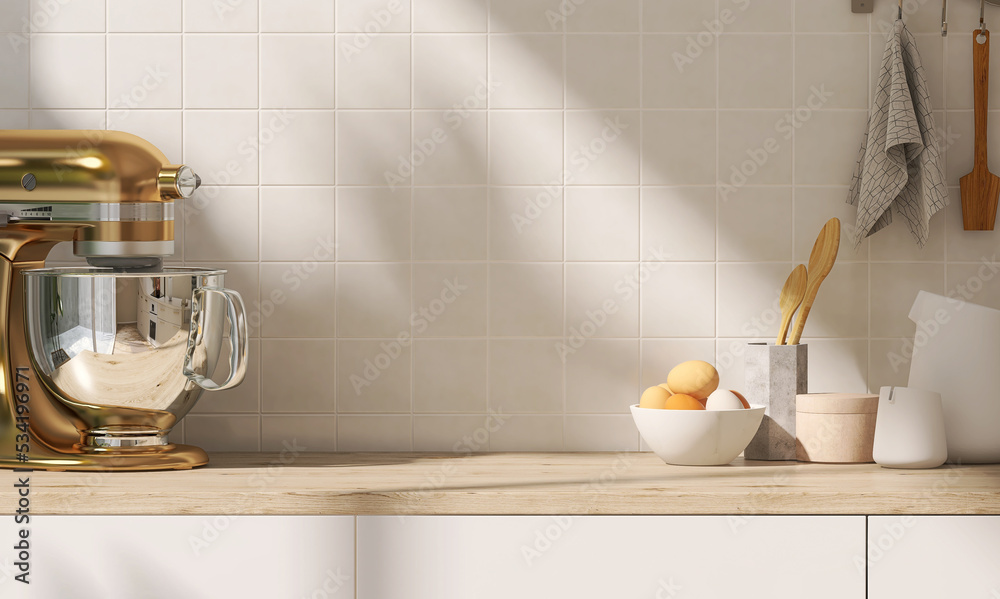 3D render close up blank empty space on beautiful wooden kitchen ...