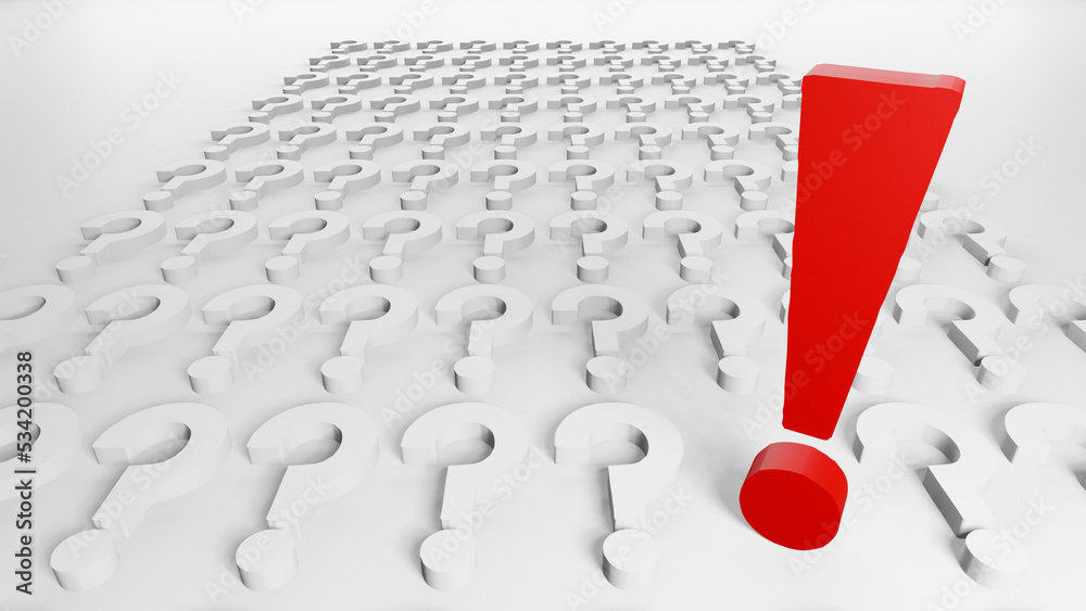 3D illustration of question marks and one single red exclamation mark ...