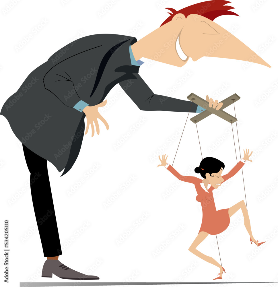 Man and puppet woman concept. Young man master controls woman like ...