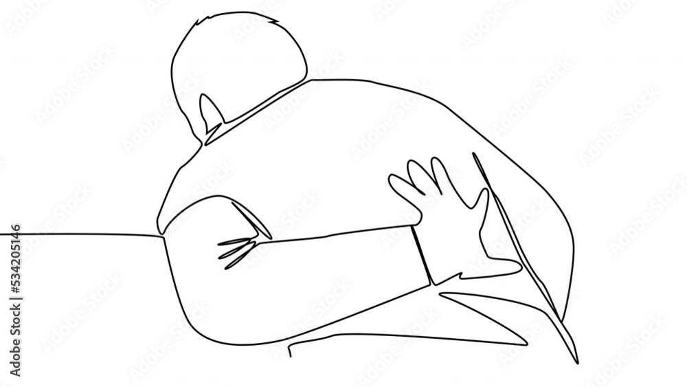 Self-drawing of a man clutching his back in single line on a white ...